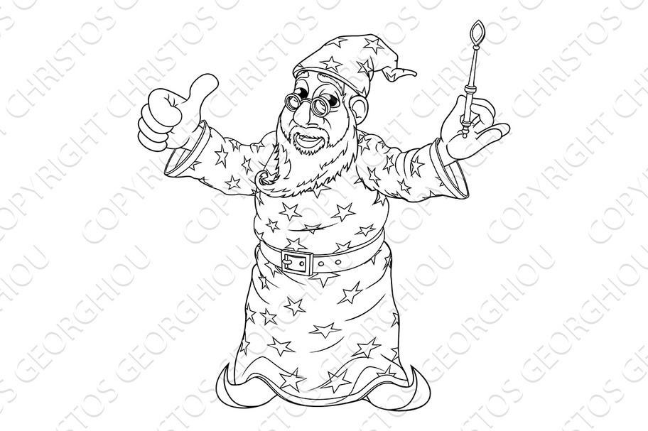 Wizard Outline Coloring Drawing, an Illustration by Christos Georghiou