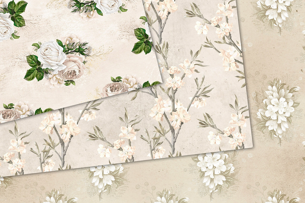 Ivory Shabby Floral Digital Paper, a Texture Graphic by Digital Curio ...