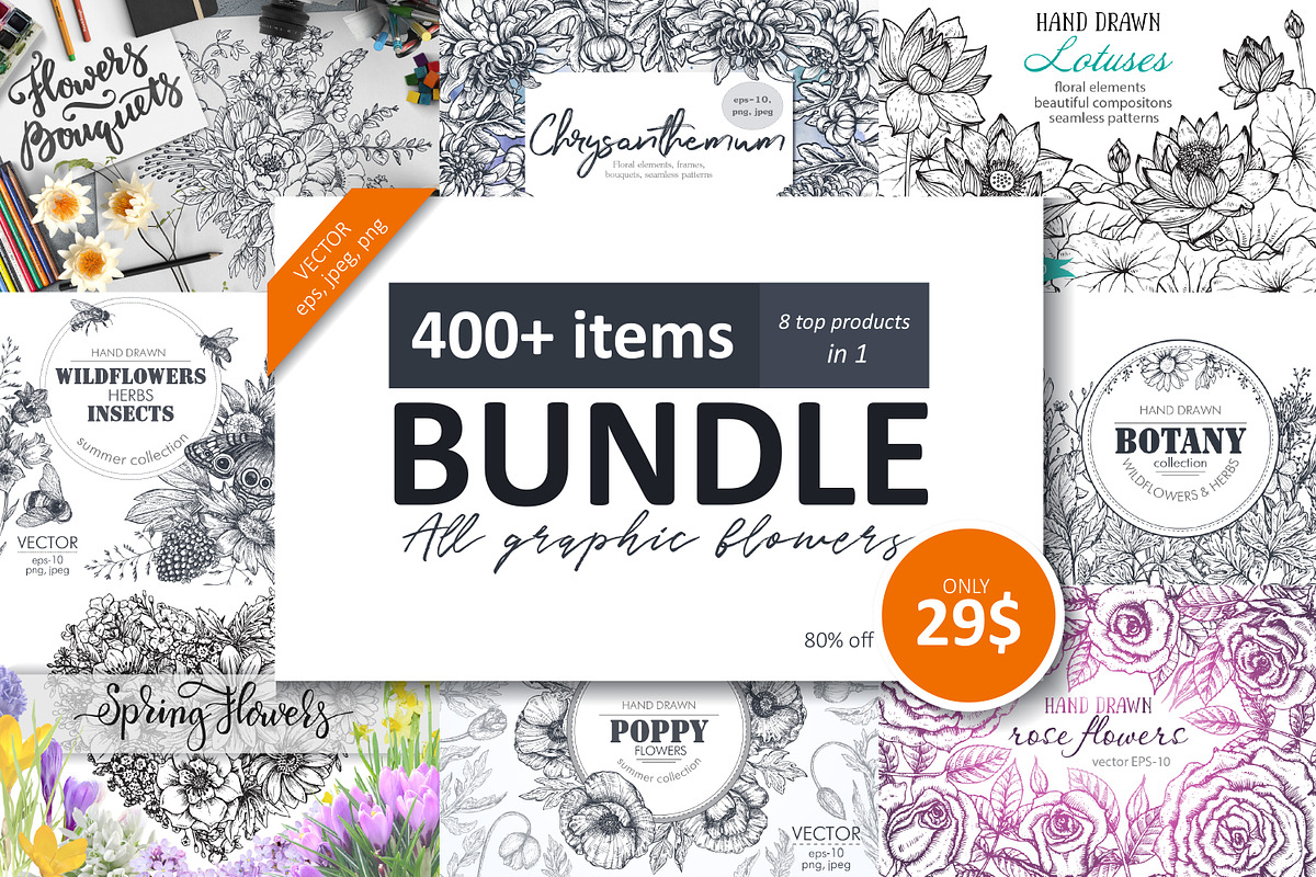 Large bundle of vector flowers, a Decorative Illustration by Molly art