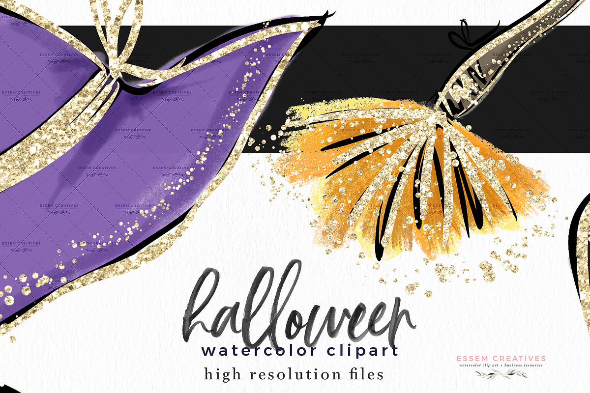 Halloween Clipart with Gold Glitter, an Illustration by Essem Creatives