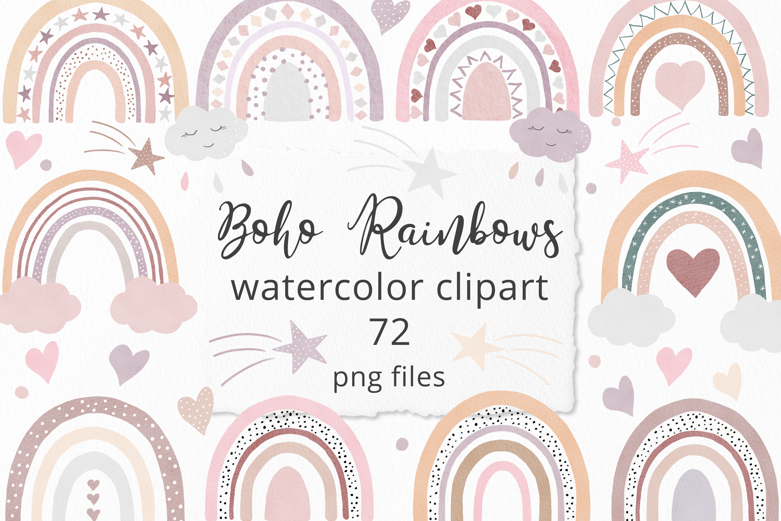 Boho Rainbow Watercolor Clipart Set
