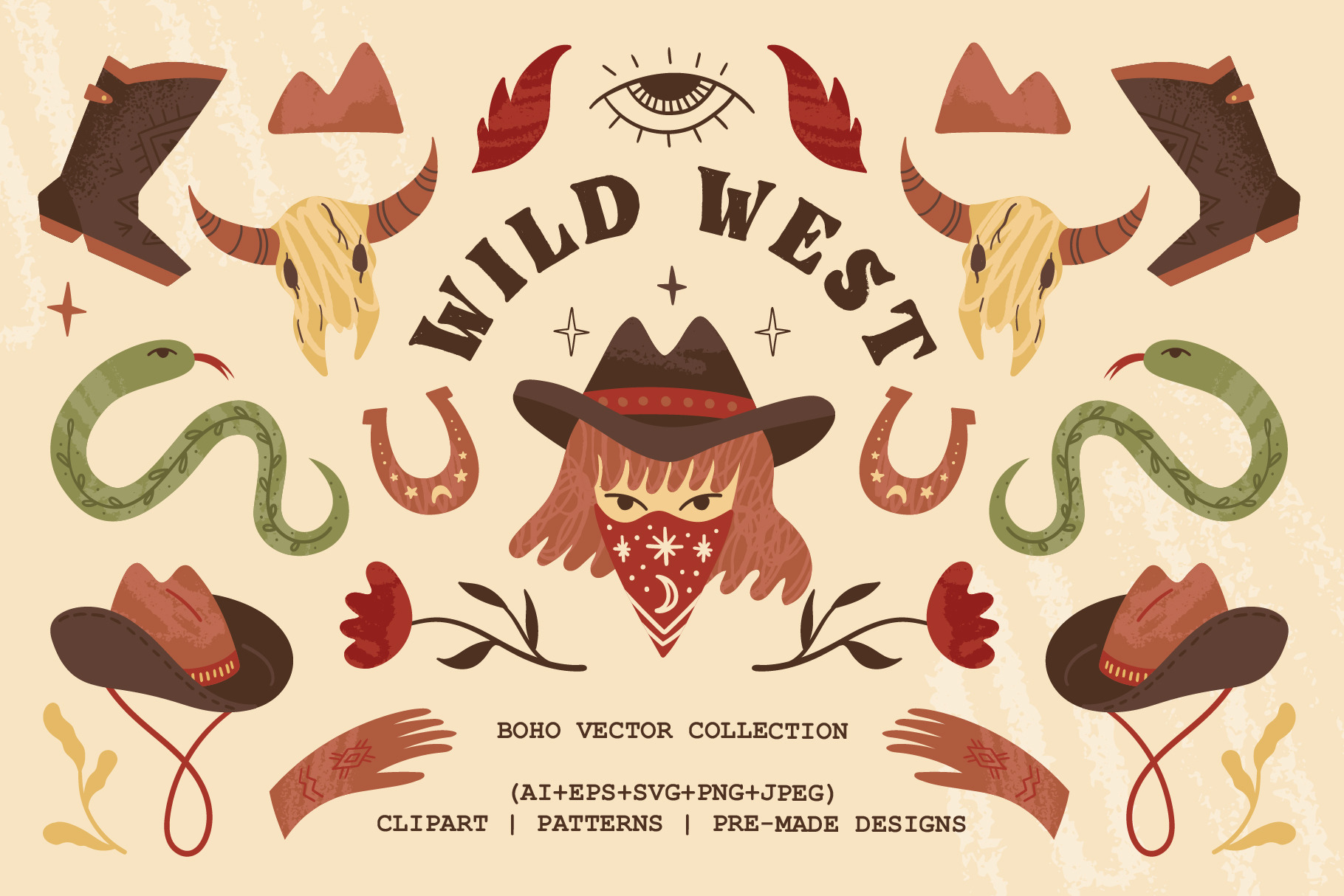 Wild West | Clipart + Patterns, an Illustration by katieromanoff_art