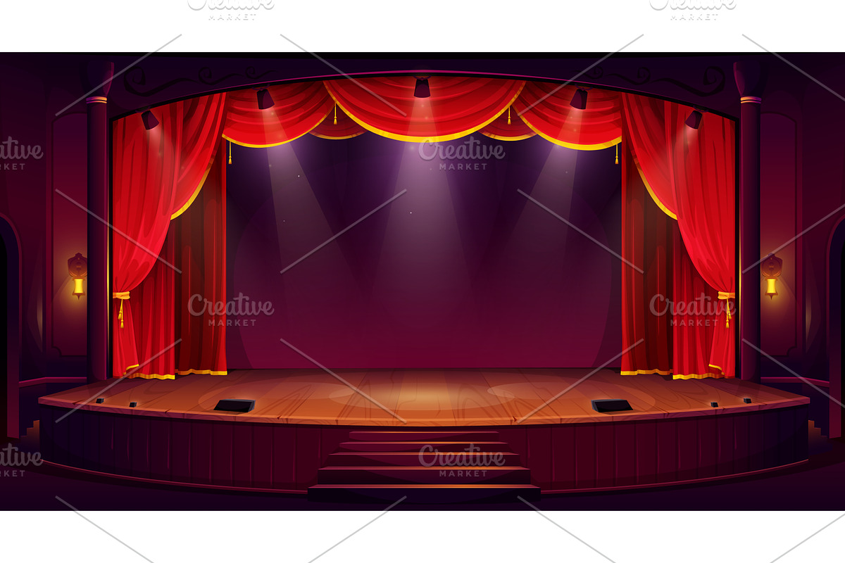 Cartoon theater stage with curtains, an Illustration by Vector Tradition