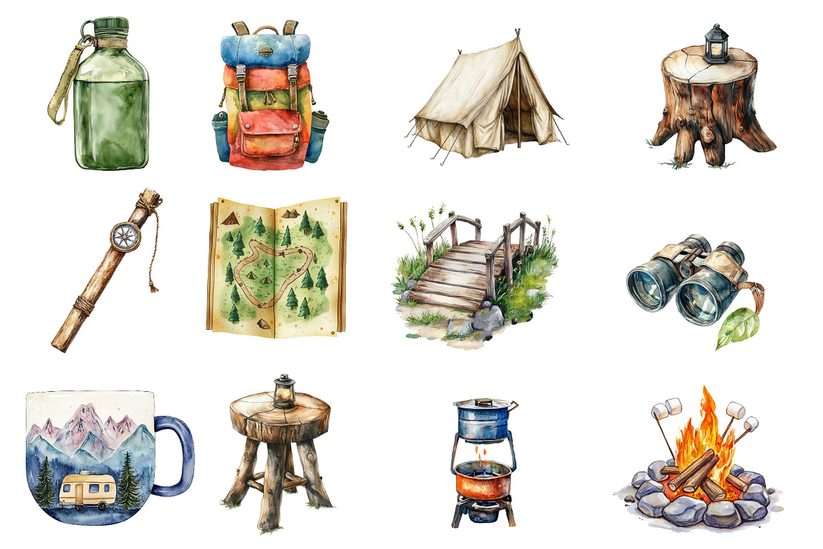Watercolor Camping Hiking Clip Art, an Illustration by Designworld