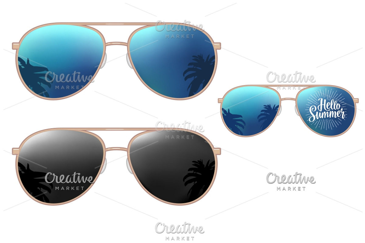 Aviator modern sunglasses with palms reflection. Vector color flat ...