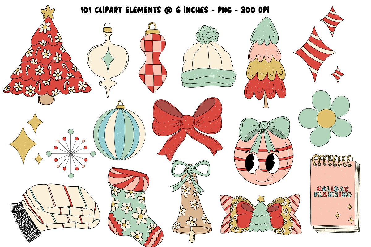 Groovy Retro Christmas Clipart Set, a Graphic by Murphy & Frank