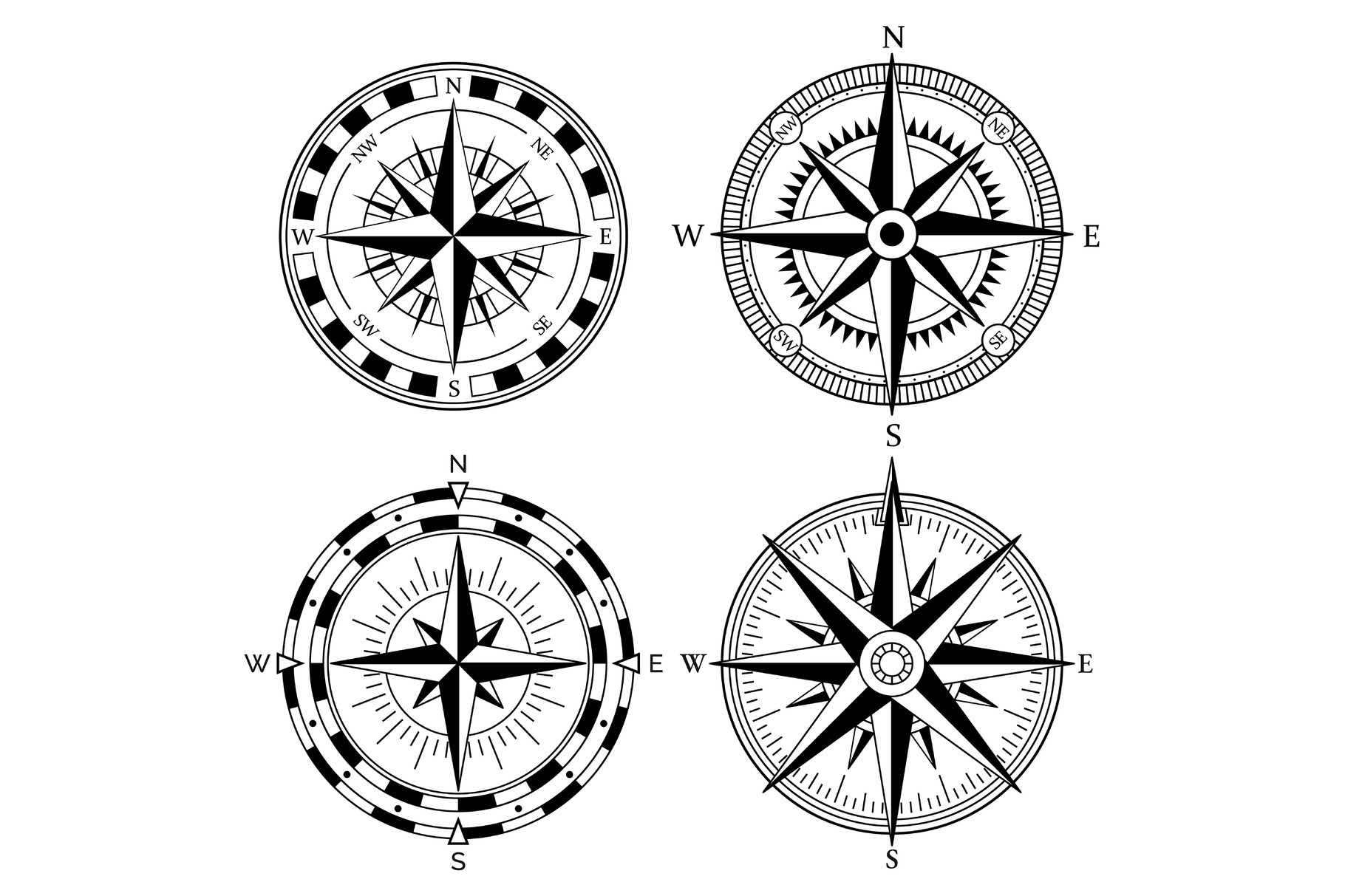 Wind rose retro design vector collection. Vintage nautical or marine ...