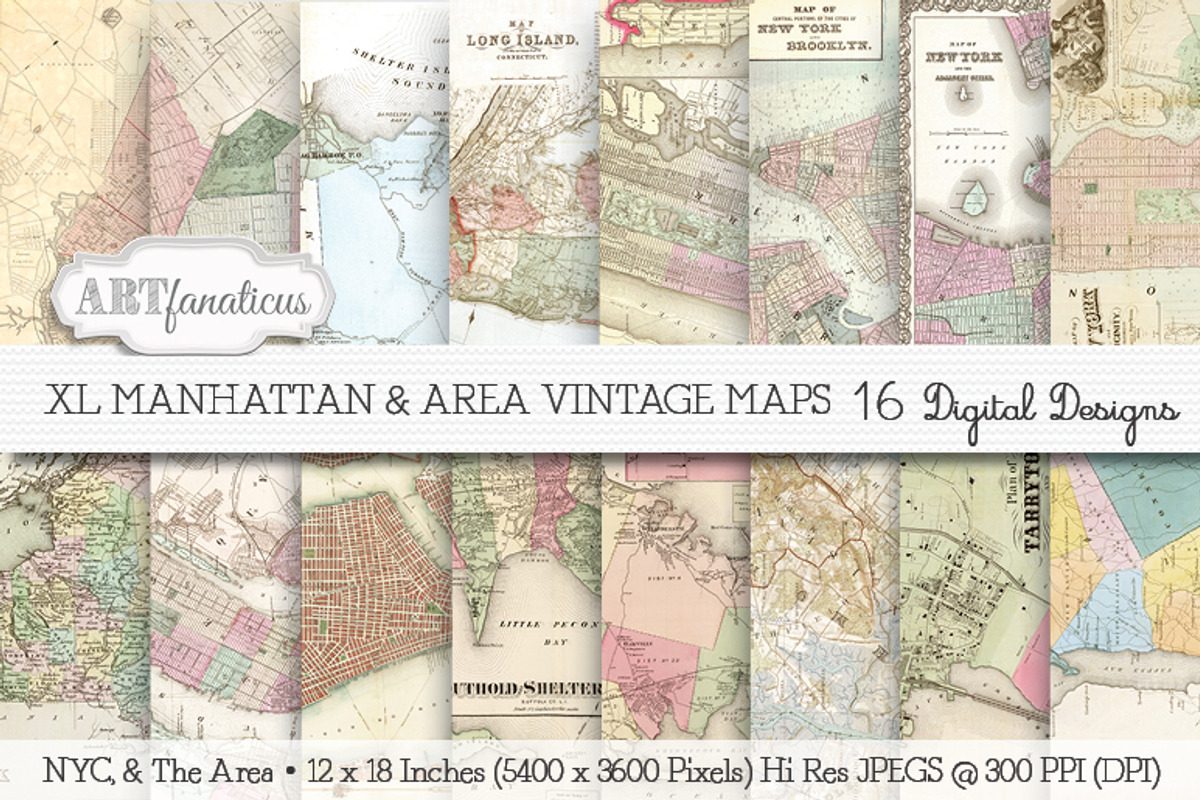 XL MANHATTAN & AREA VINTAGE MAPS, an Illustration by Artfanaticus