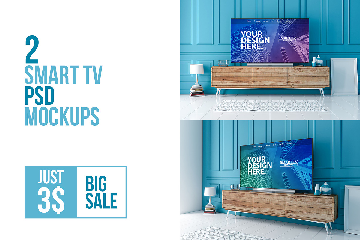 Smart TV in interior PSD Mockup, a Print Template by GreatFruit