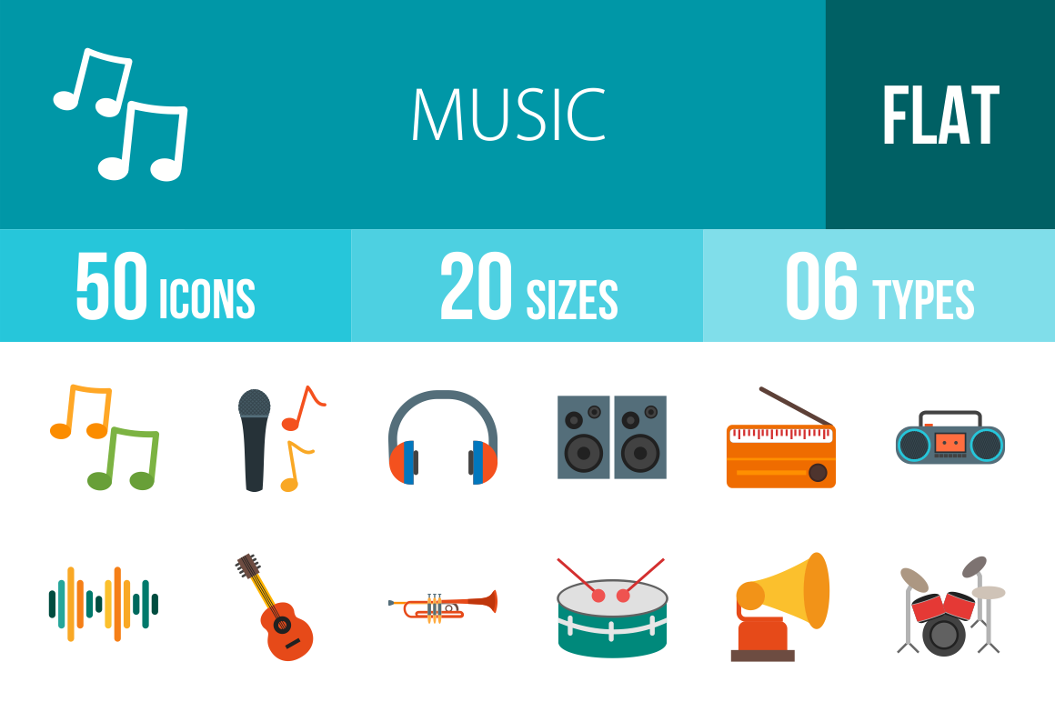 50 Music Flat Colorful Icons, an Icon by IconBunny