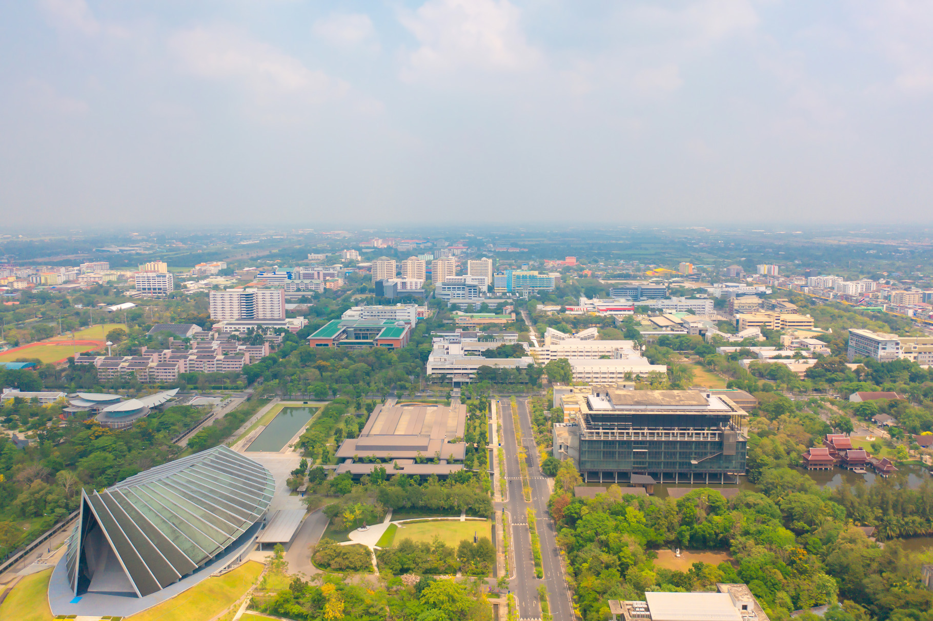 Aerial top view of university or college campus buildings. Skyli, a ...