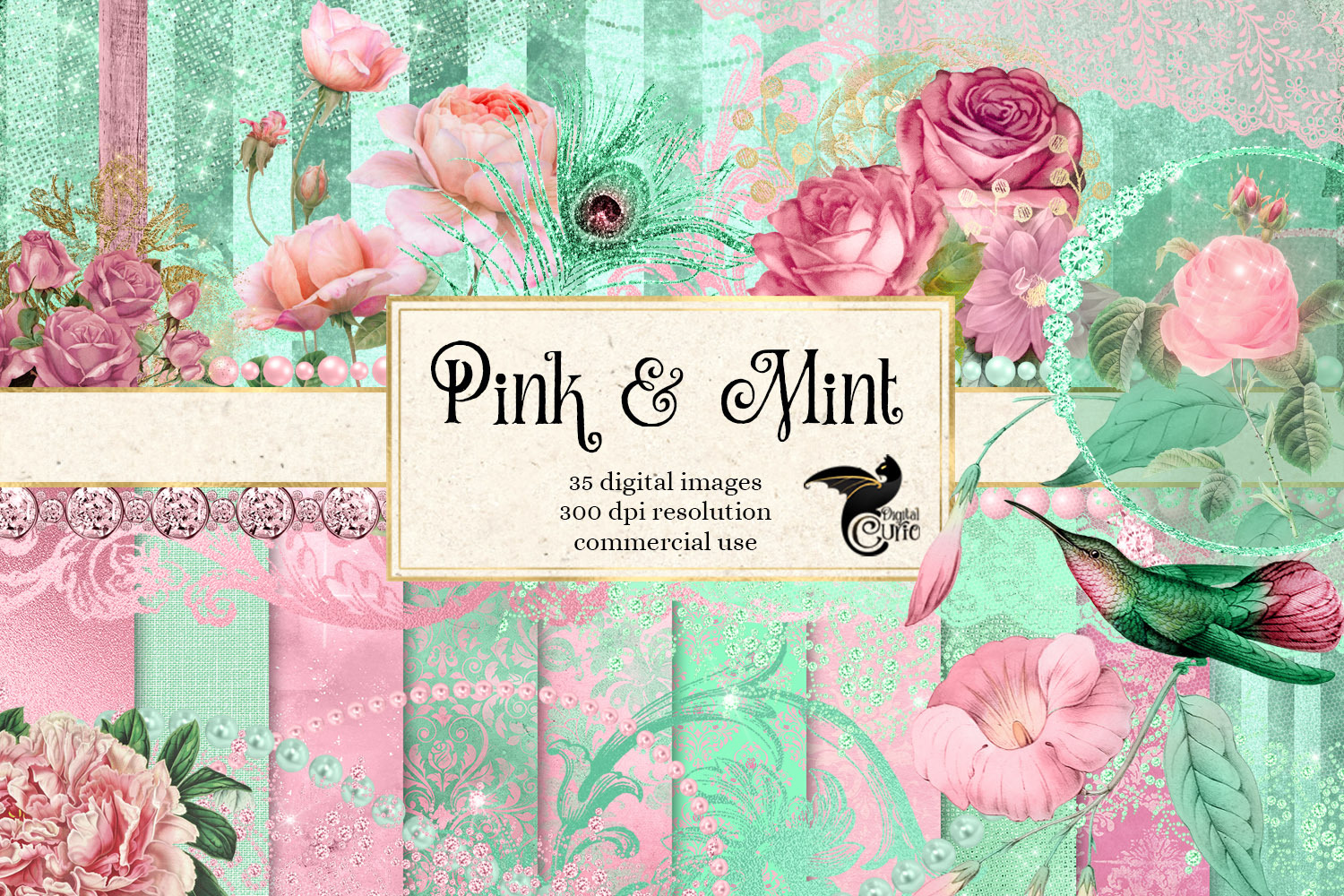 Pink and Mint Digital Scrapbook Kit, an Object Graphic by Digital Curio