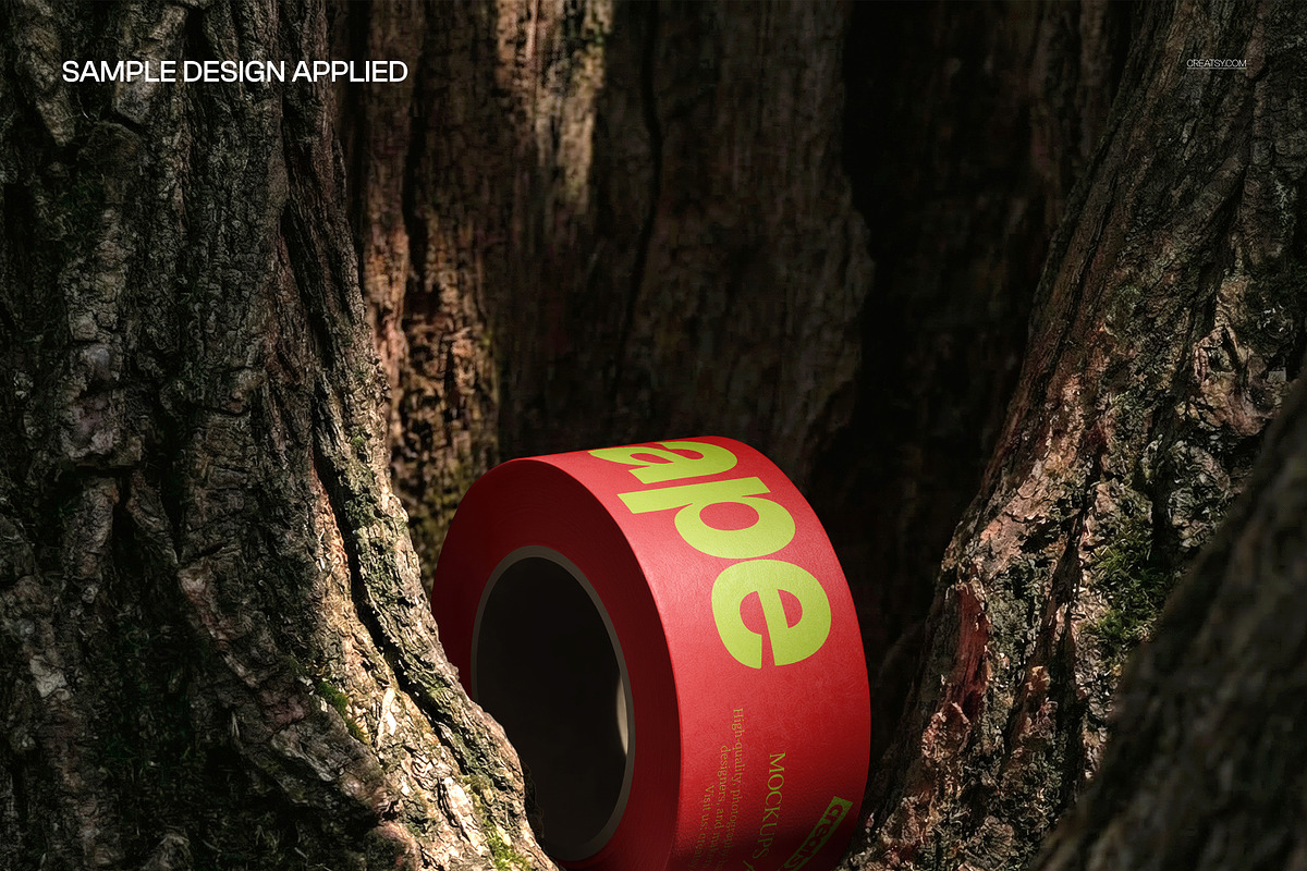Duct Tape Roll on Tree Bark Mockup, a Merchandise Mockup by creatsy5