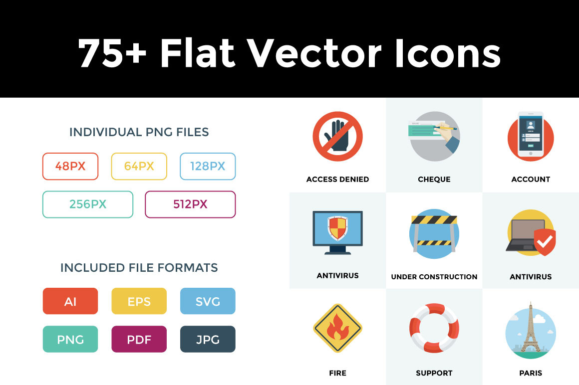 75+ Flat Vector Icons, an Icon by Creative Stall