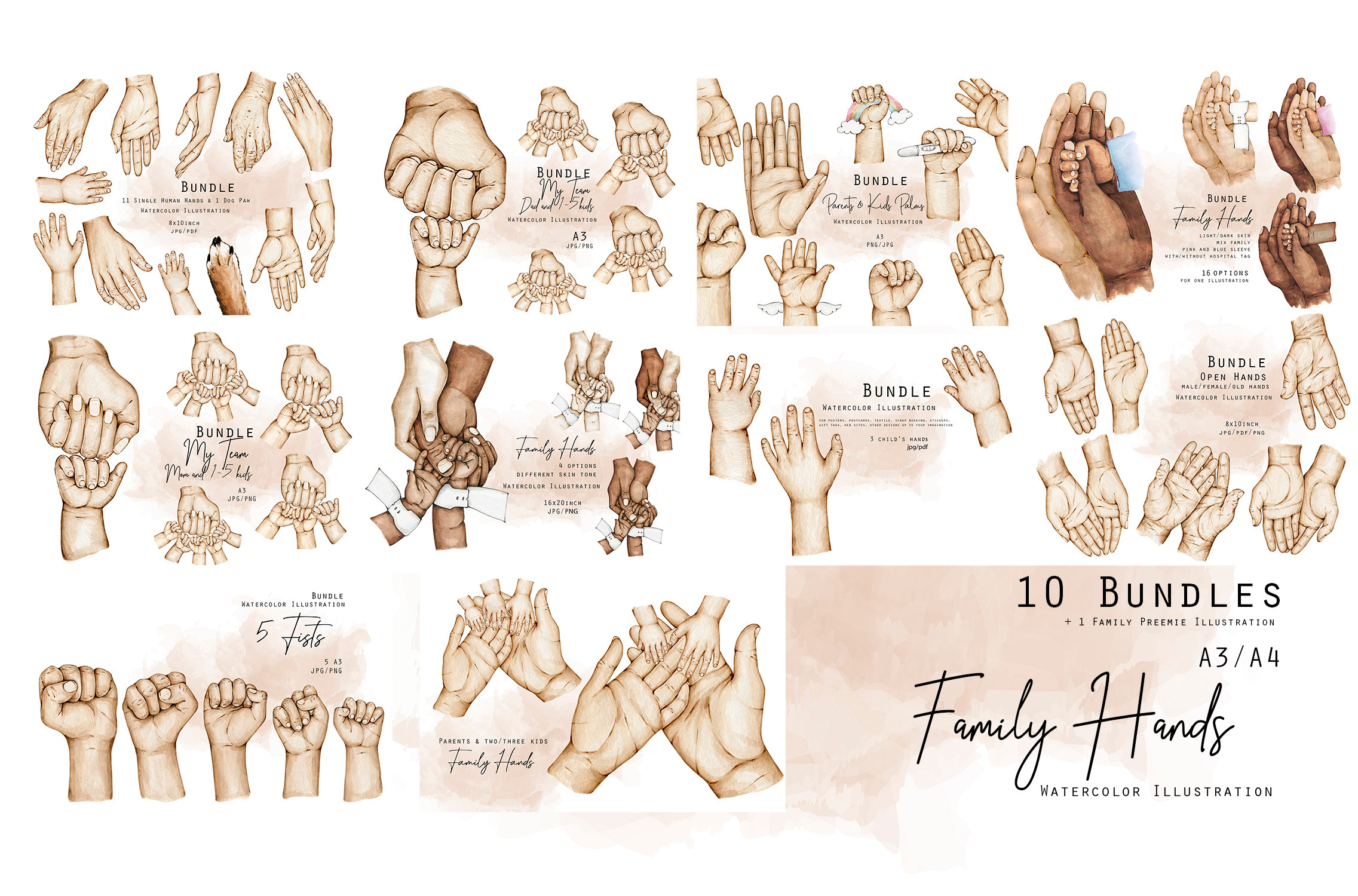 SALE!!! 10 Bundles in 1 Family Hands | Decorative Illustrations ...