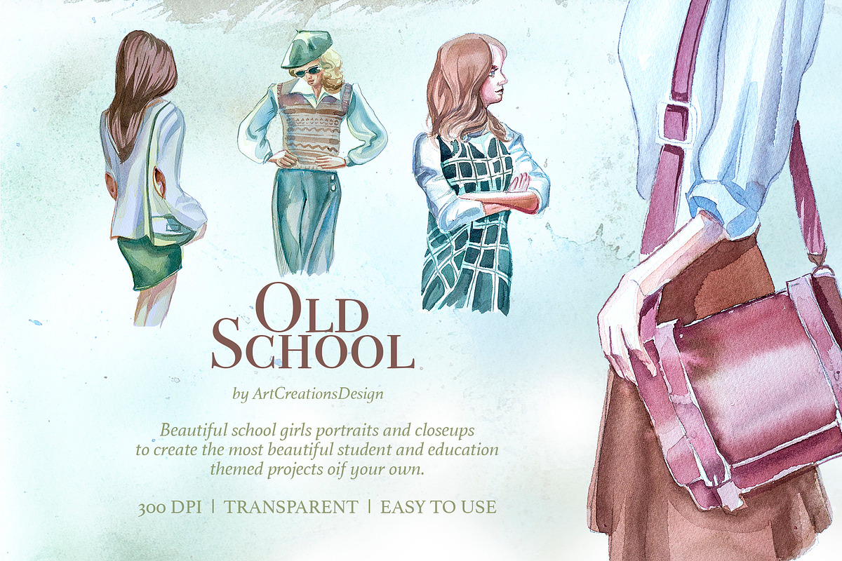 Watercolor Old School Clipart Set, a Seasonal Illustration by ...
