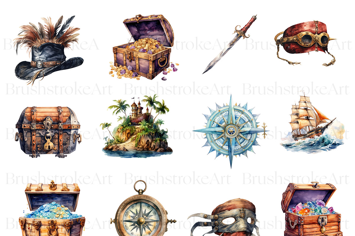 Watercolor Pirates Clipart, Ship, Map