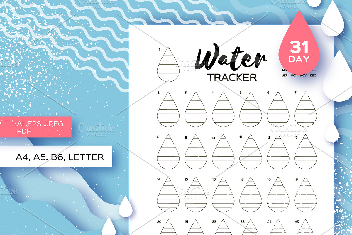 Water Tracker. 31 Day Challenge., a Stationery Template by Masherdraws