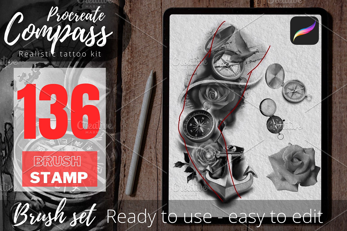 Realistic Compass tattoo kit, a Brush Add-On by Tattoo Worker Studio