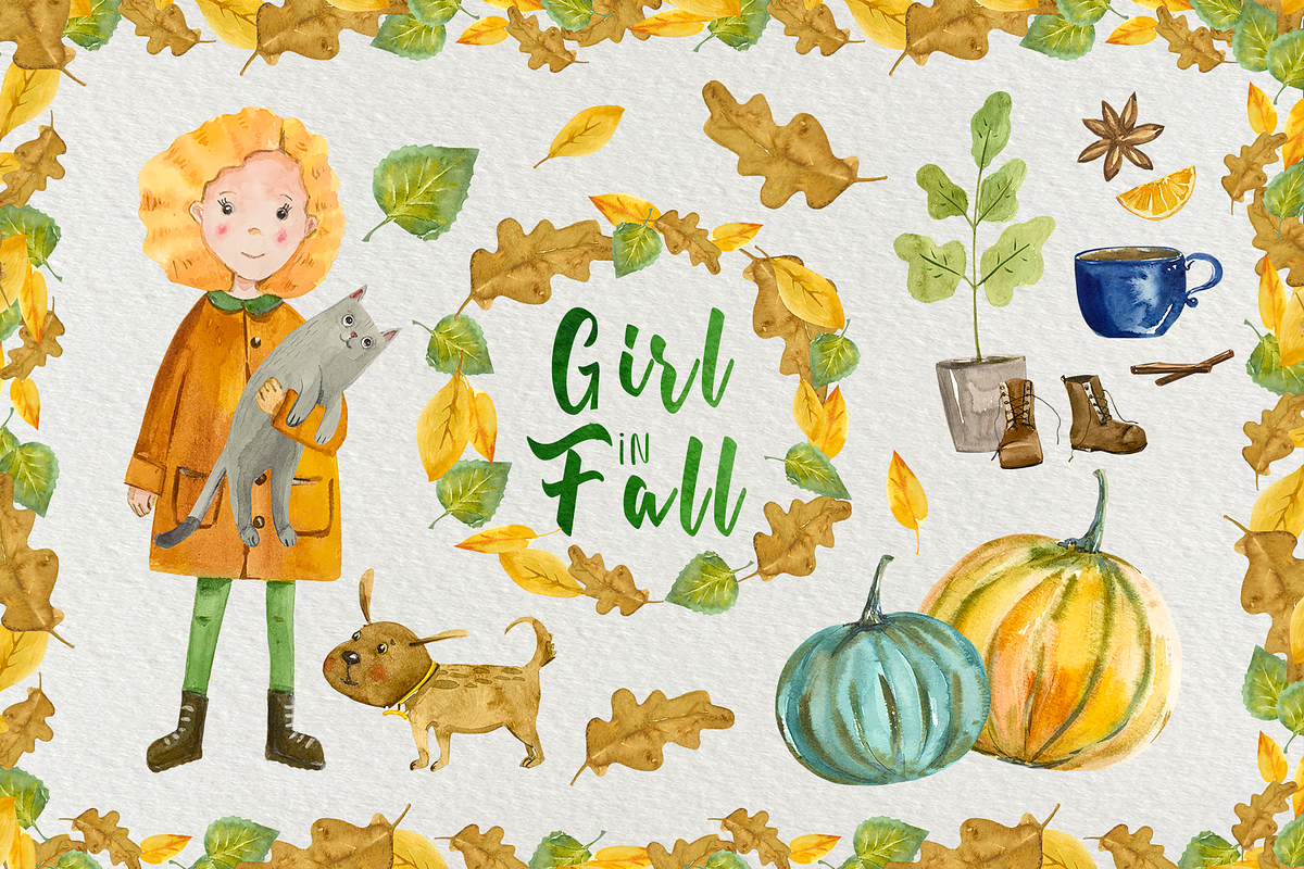 Girl in Fall Watercolor Clip Art Set, a Seasonal Illustration by Tati ...