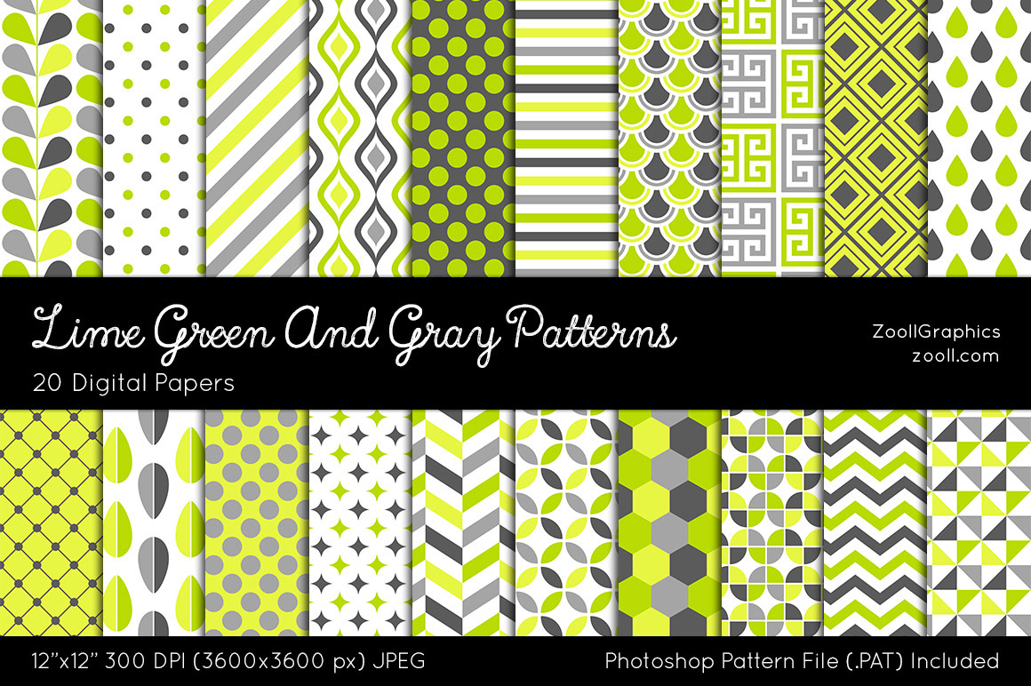 Lime Green And Gray Digital Papers, a Pattern Graphic by ZoollGraphics