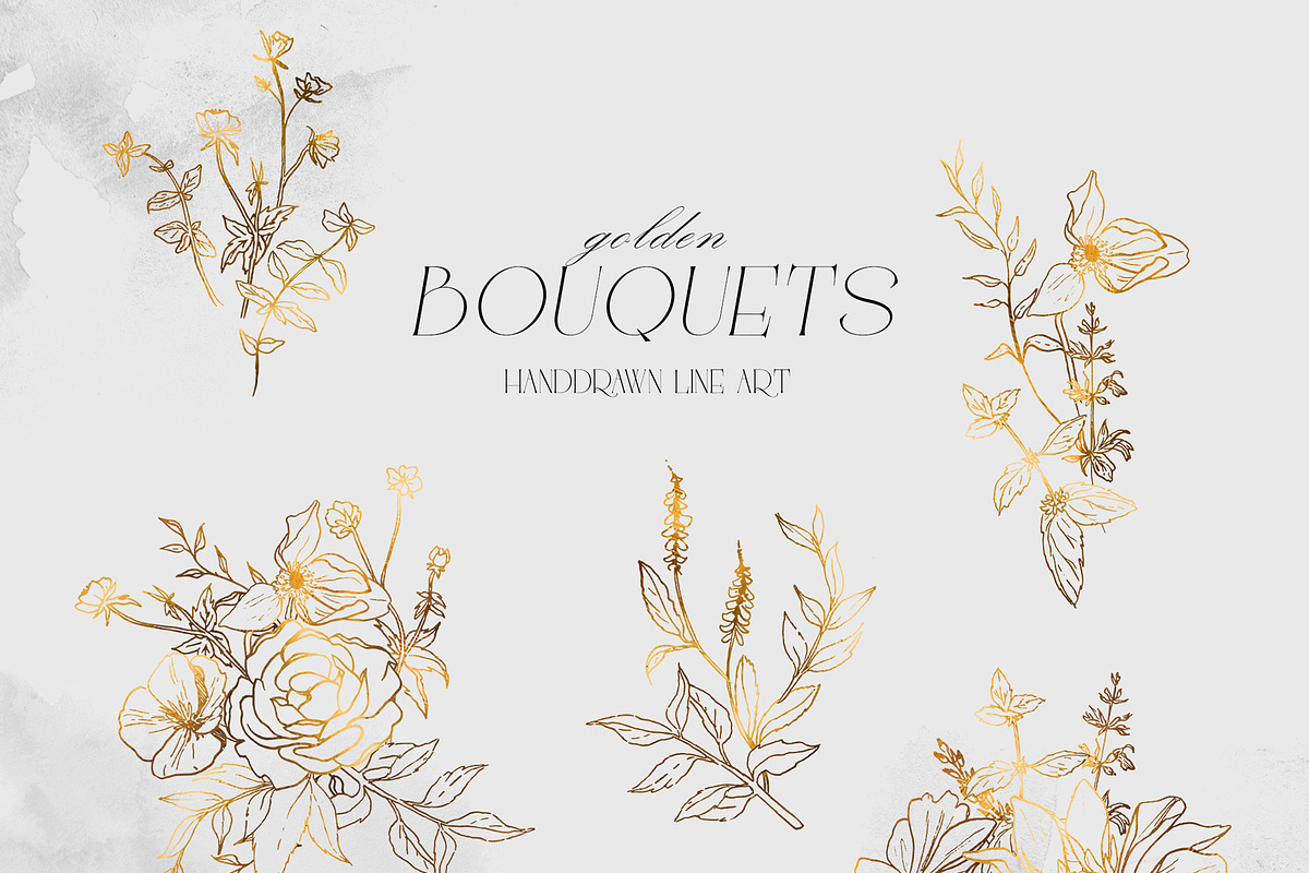 Golden Flowers Handdrawn Line art, an Illustration by SunnyAfternoons