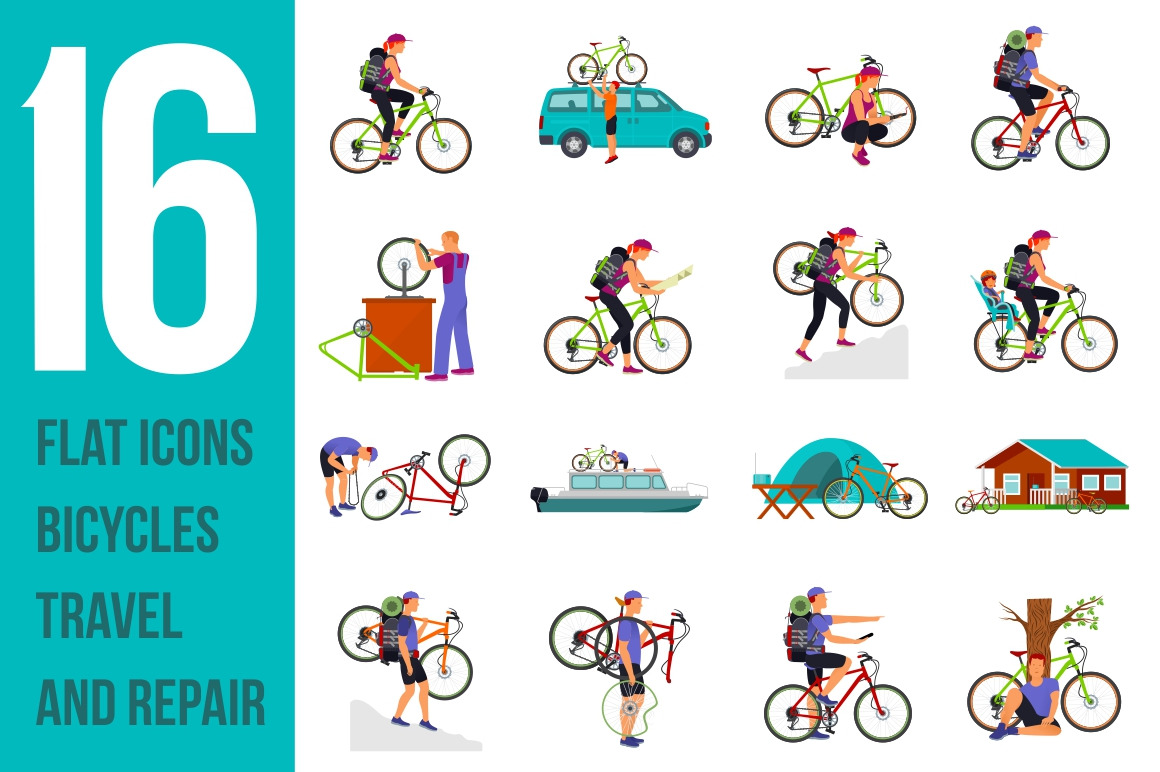 Bicycle travel. Vectof set flat icon | People Illustrations ~ Creative ...