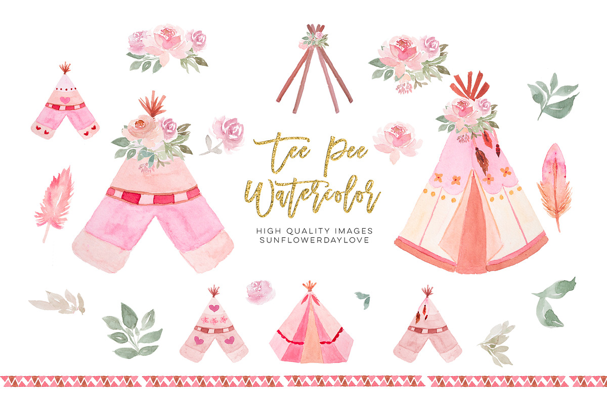 Floral Tee Pee Clip art Printable, an Illustration by Sunflower Day Love