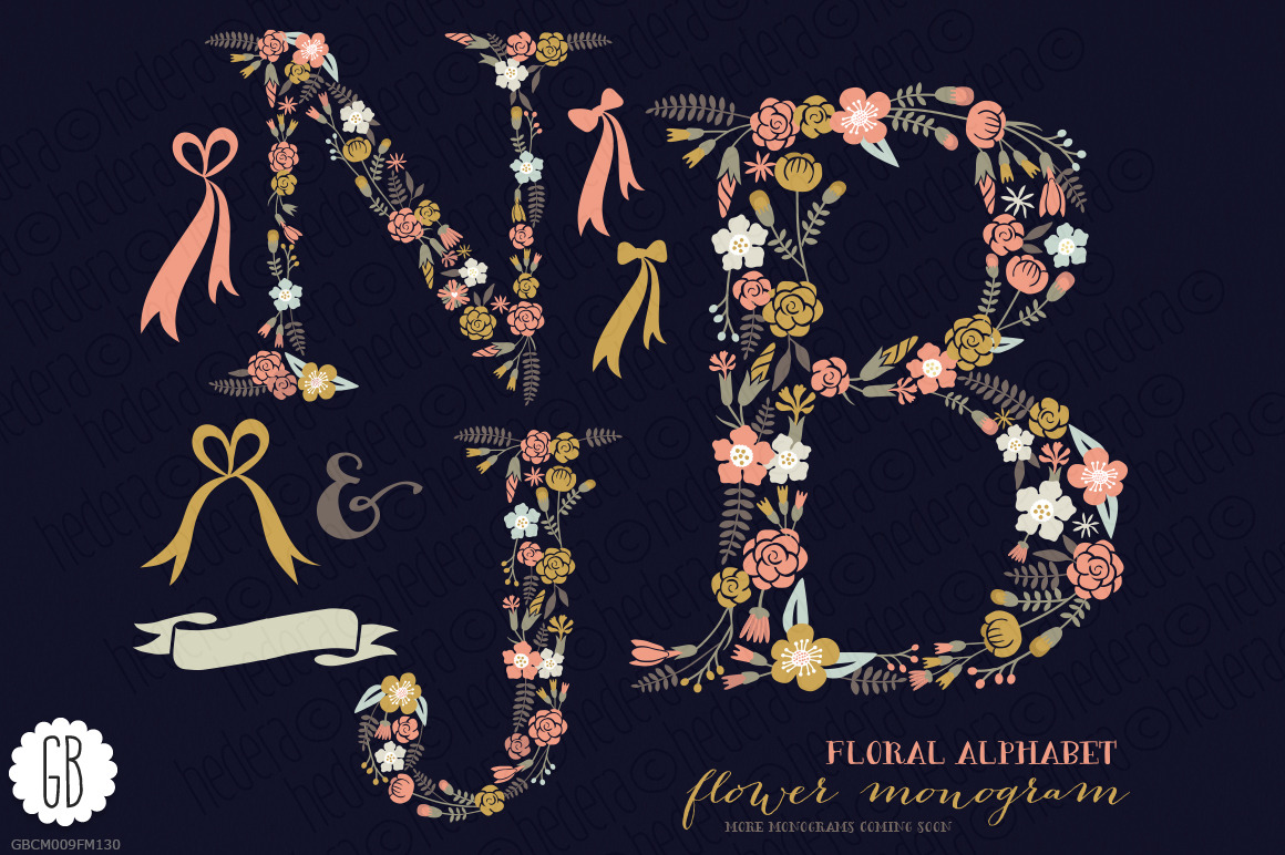Floral letters, monogram, floral NJB, a Decorative Illustration by ...
