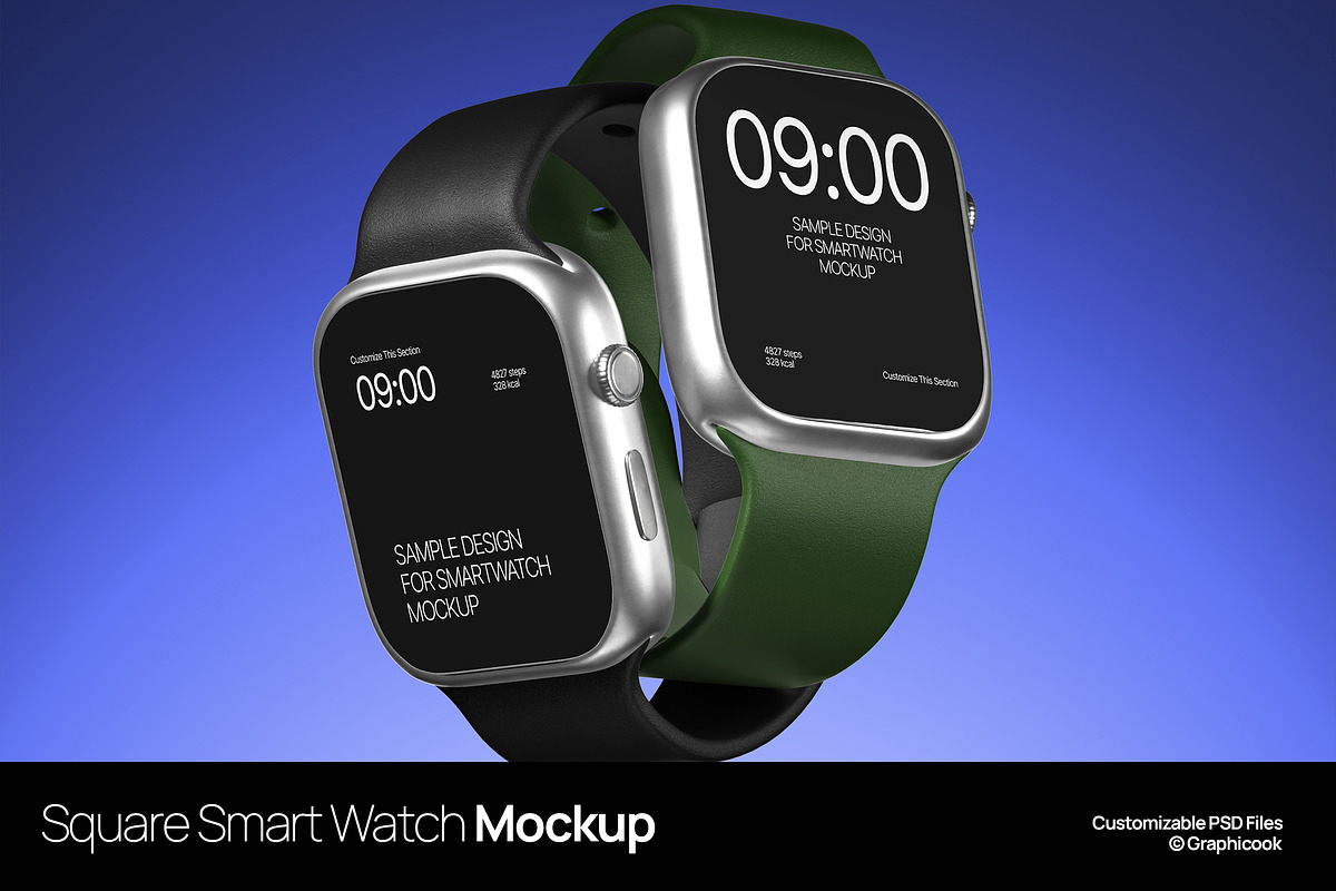Square Smart Watch Mockup, a Wearable Device Mockup by graphicook