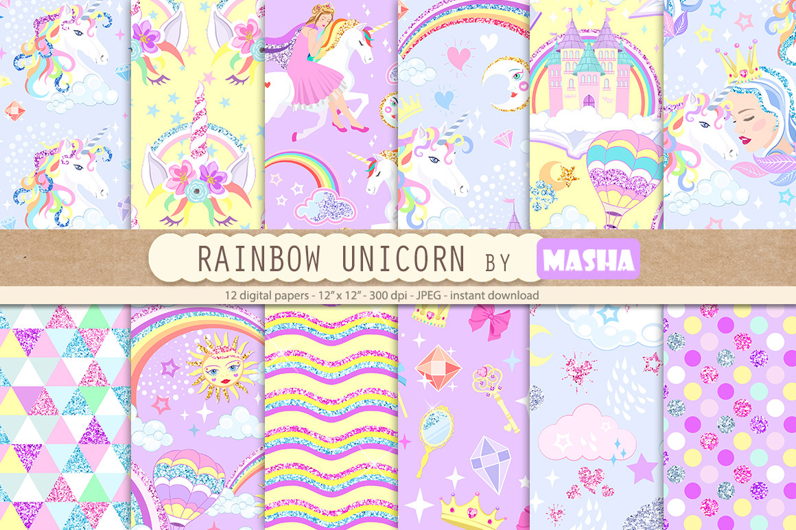 RAINBOW UNICORN digital papers, a Pattern Graphic by Masha Studio