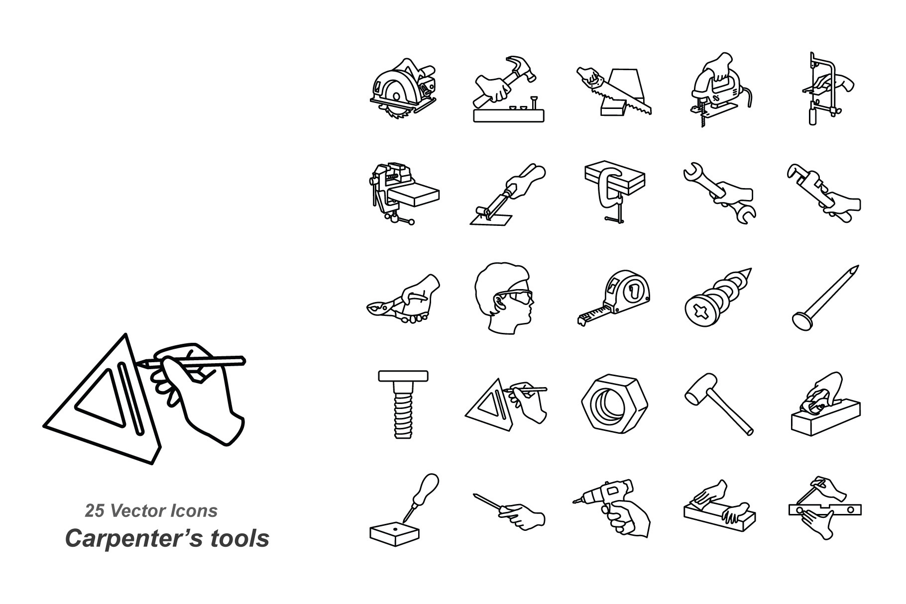Carpenter's tools outline icons, an Icon by Jisun Park