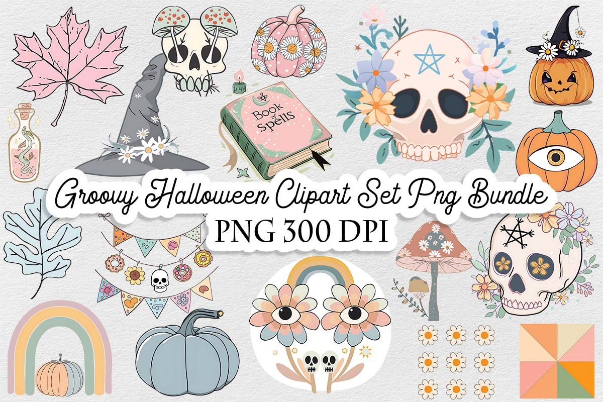 Groovy Halloween Clipart Set PNG, a Decorative Illustration by Moon Studio