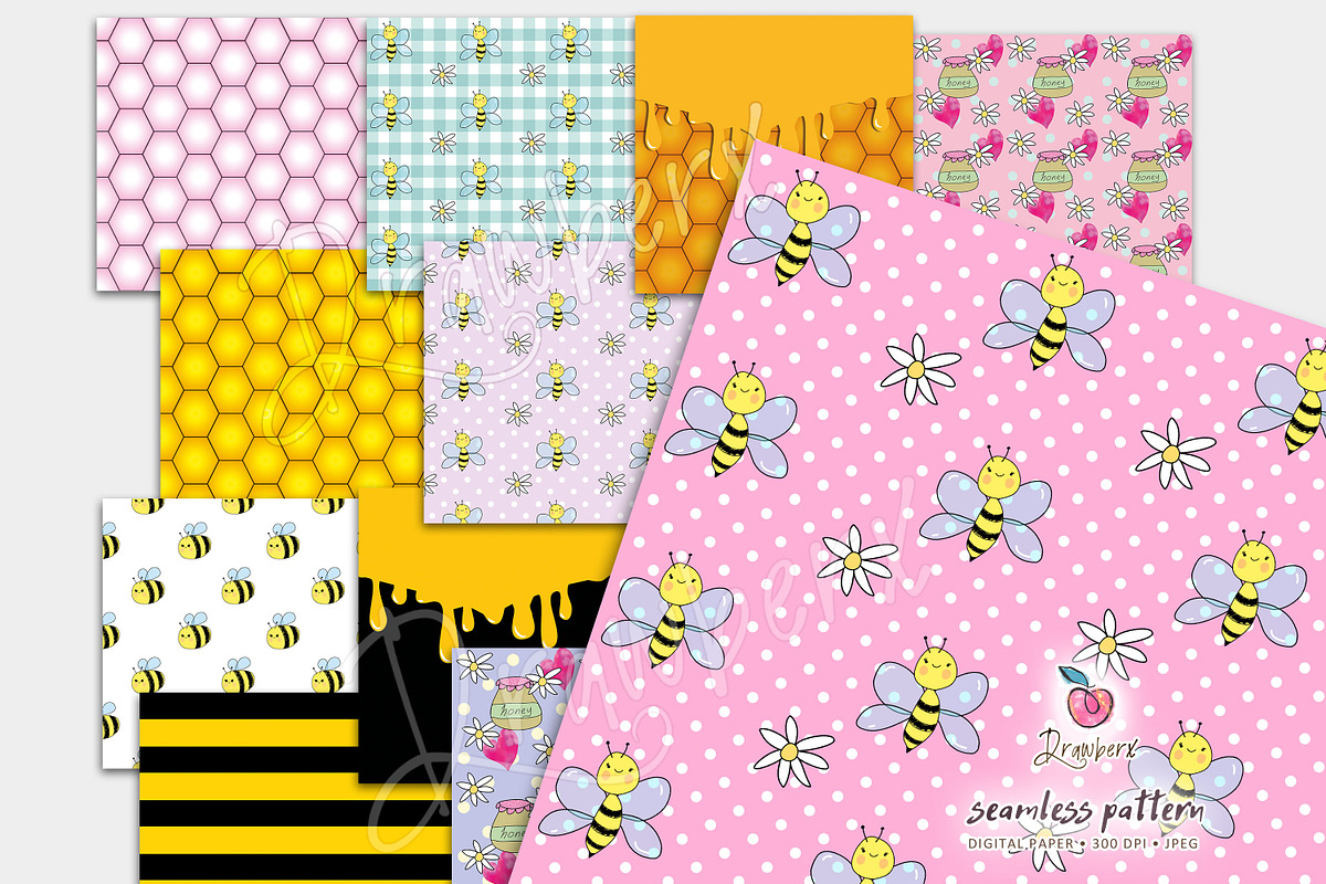 Honey Bee clipart digital papers 024, an Illustration by Drawberx
