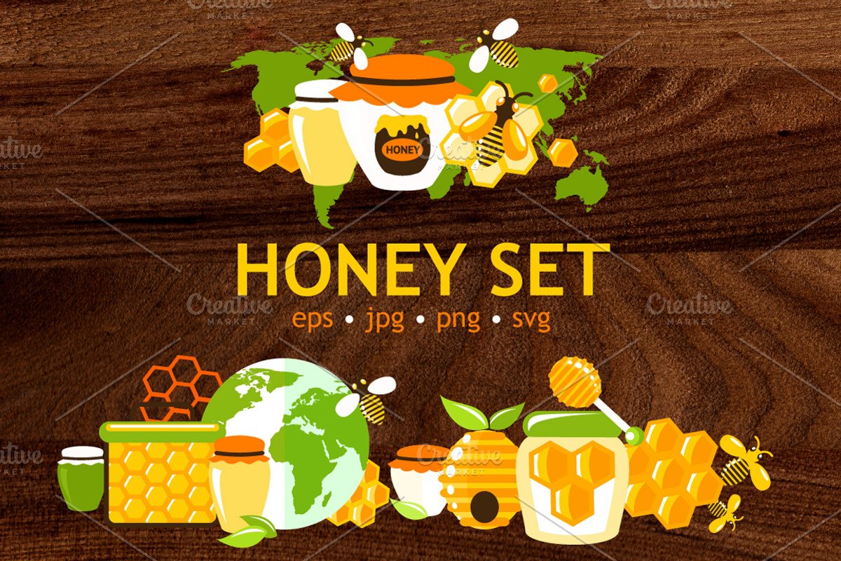 Honey flat vector set, an Illustration by Macrovector | Creative Market