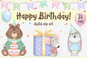 Happy Birthday Cute Animal clip art, an Animal Illustration by ekossa_art