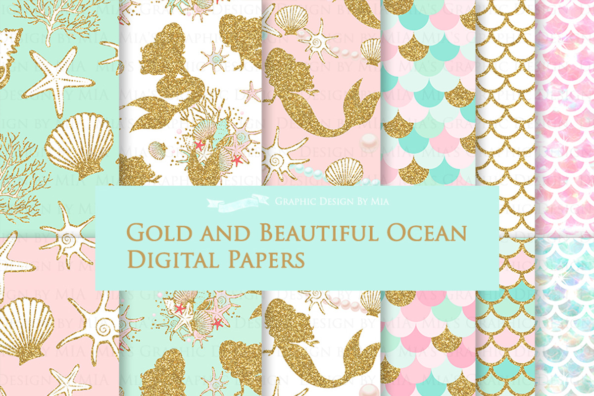 Mermaid Gold Clipart,Pattern, an Illustration by Mia's Graphic Design