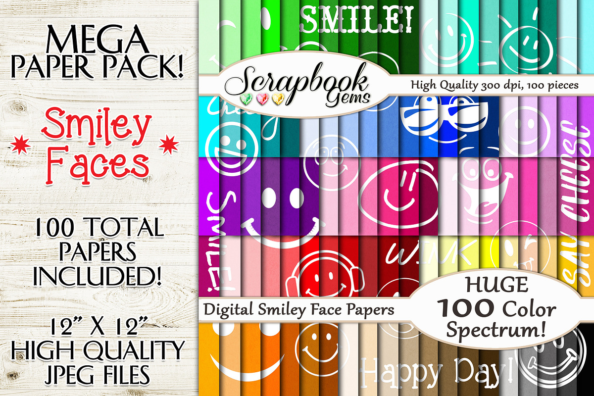 100 Colors Smiley Face Papers, a Pattern Graphic by Scrapbook Gems