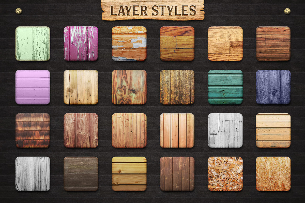 WOODY Texture Photoshop Styles KIT, a Layer Style Add-On by Graphic Spirit