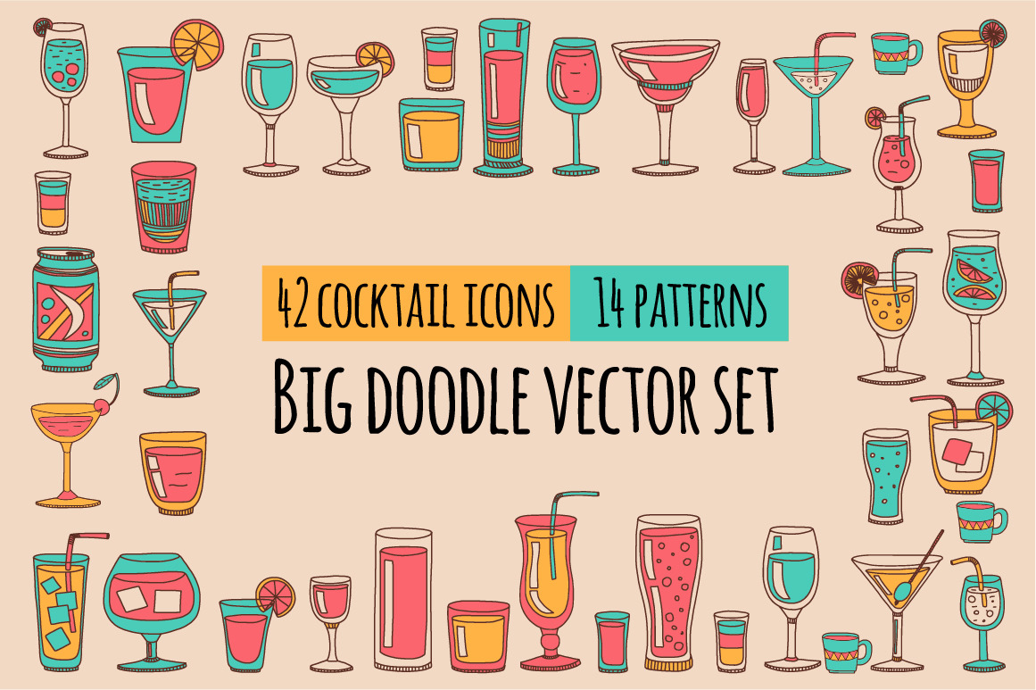 Doodle cocktail icons and patterns, a Pattern Graphic by Art Loft