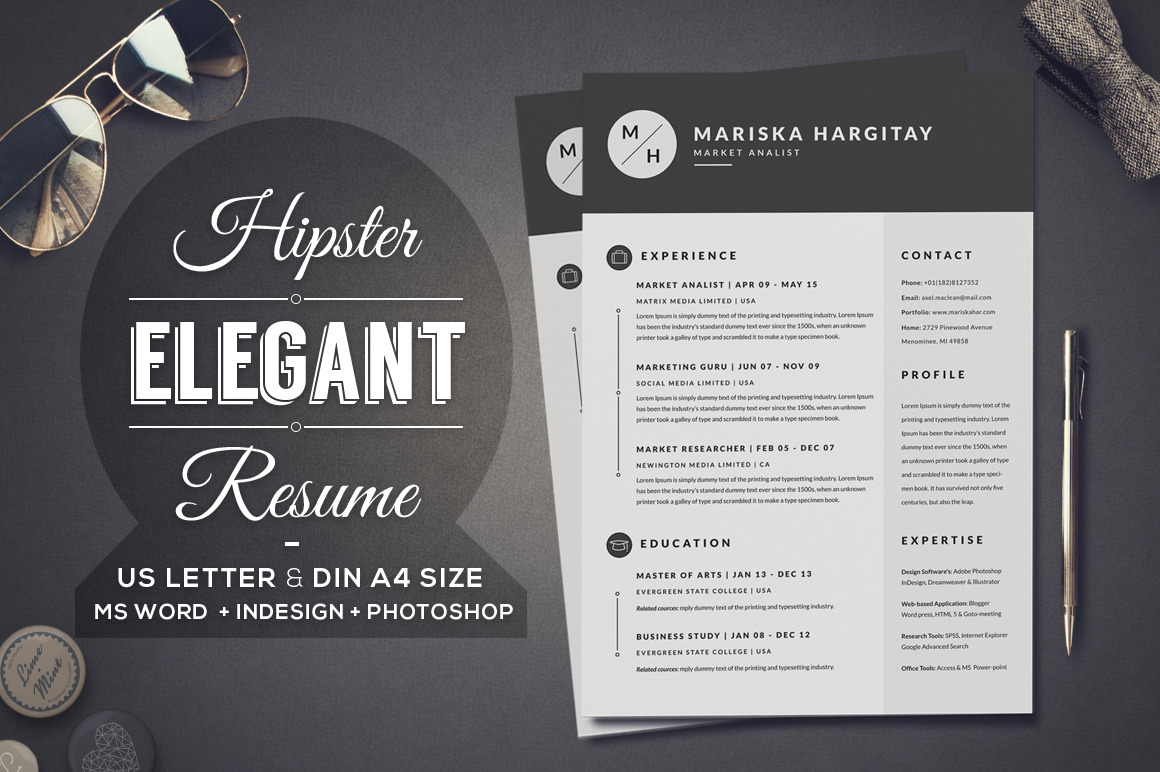 2 Pages Hipster Elegant Resume, a Resume Template by SNIPESCIENTIST