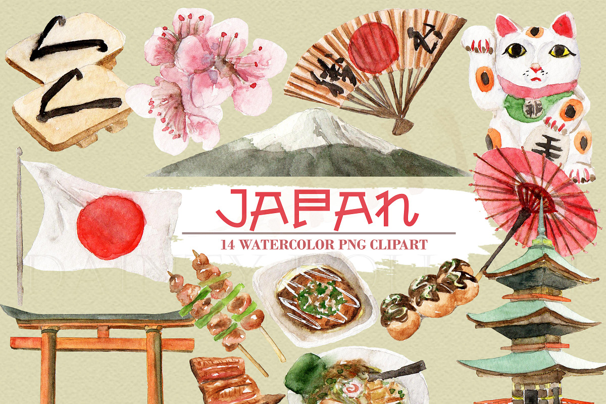 Watercolor Japan Travel Clipart Set, a Graphic by Dainty Doll Art
