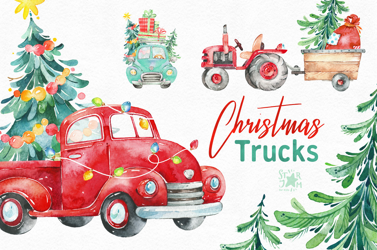 Christmas Trucks. Watercolor Kit., a Decorative Illustration by StarJam