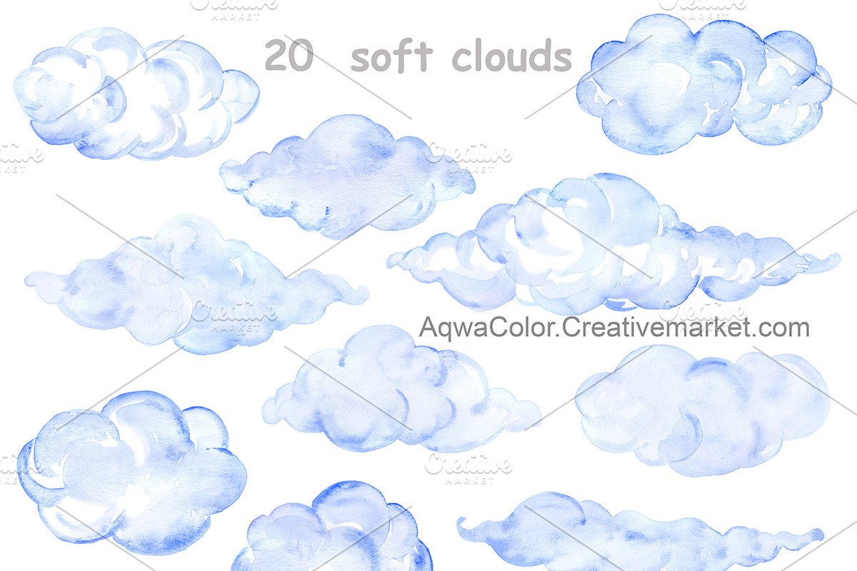 Clouds Watercolor clipart, an Illustration by AqwaColor