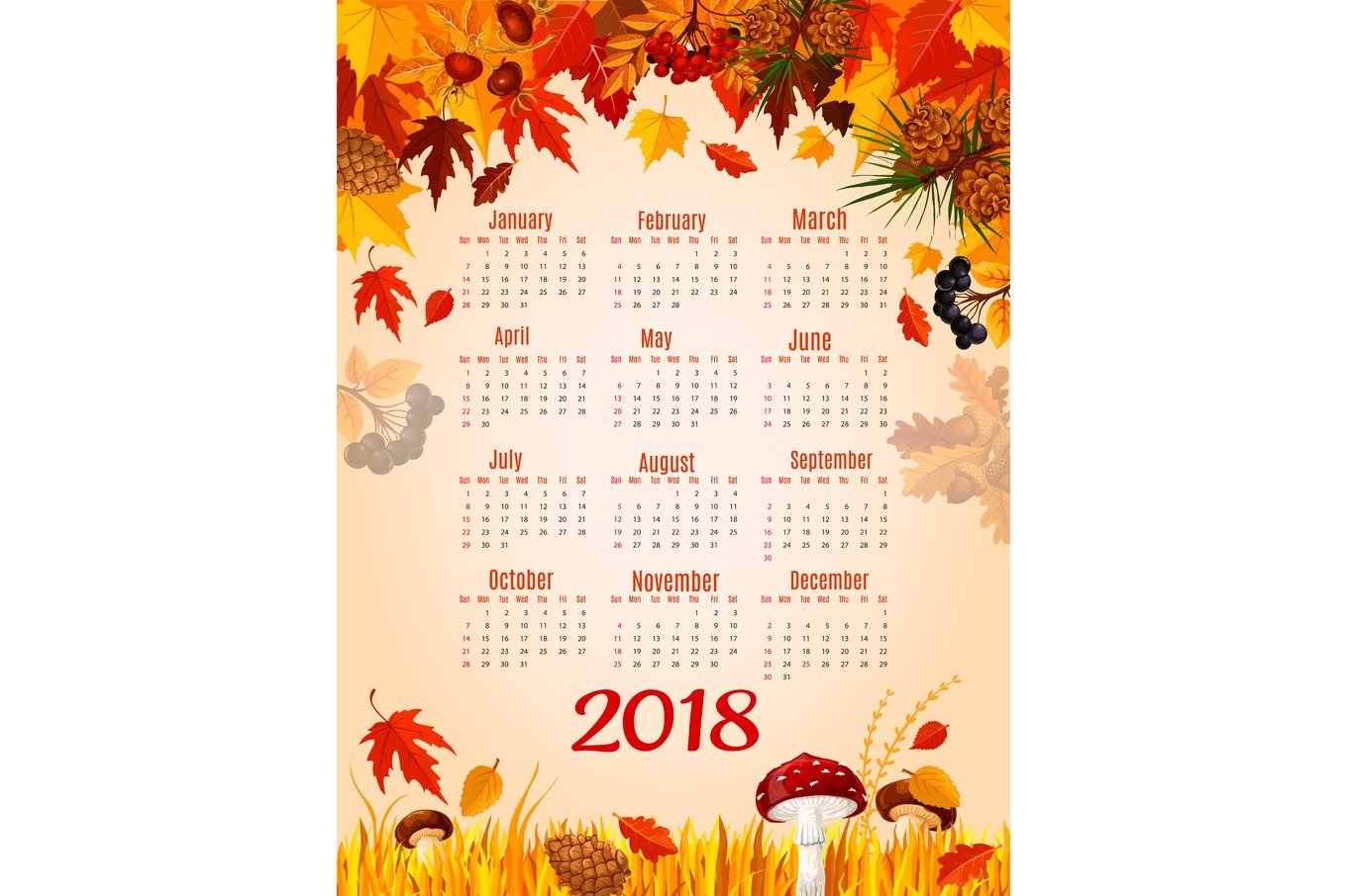 Autumn leaf fall vector 2018 calendar template, a Seasonal Illustration ...