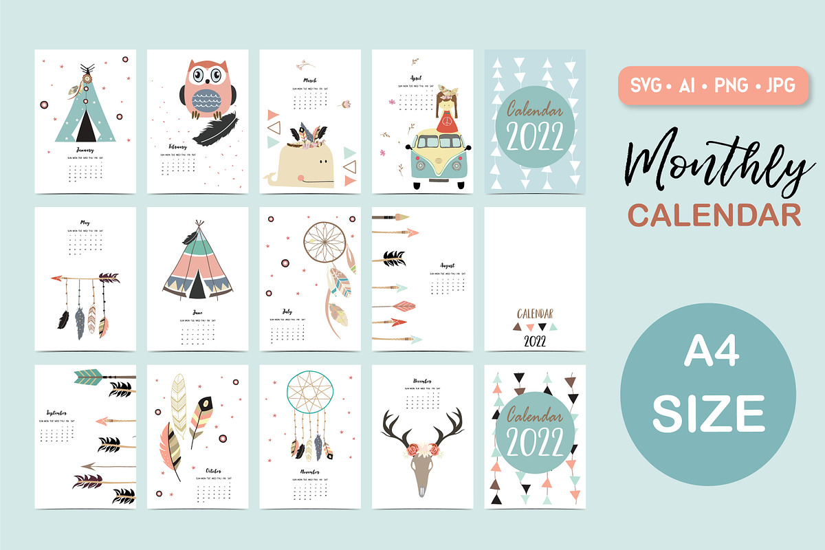 Cute 2022 boho calendar template | Creative Market