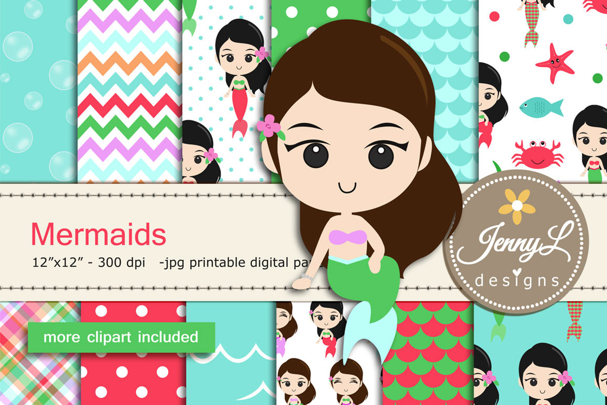 Mermaid Digital Papers & Clipart, a Pattern Graphic by JennyL Designs ...