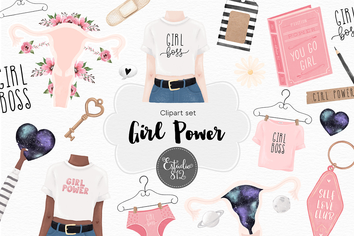 Girl Power clipart set, an Illustration by Estudio 812
