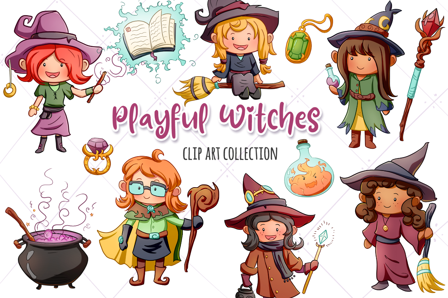Playful Witches Clip Art Collection, an Illustration by Keepin' It Kawaii