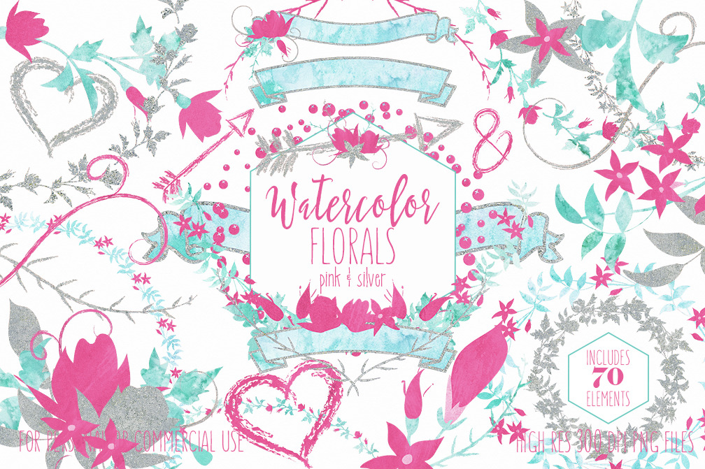 Pink & Silver Watercolor Floral Set, an Illustration by ClipartBrat ...
